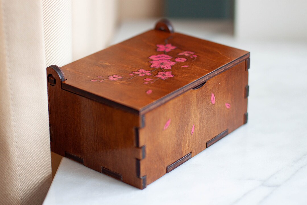 Wooden Box Decorated With Japanese Sakura Branch, Medium Keepsake Box ...