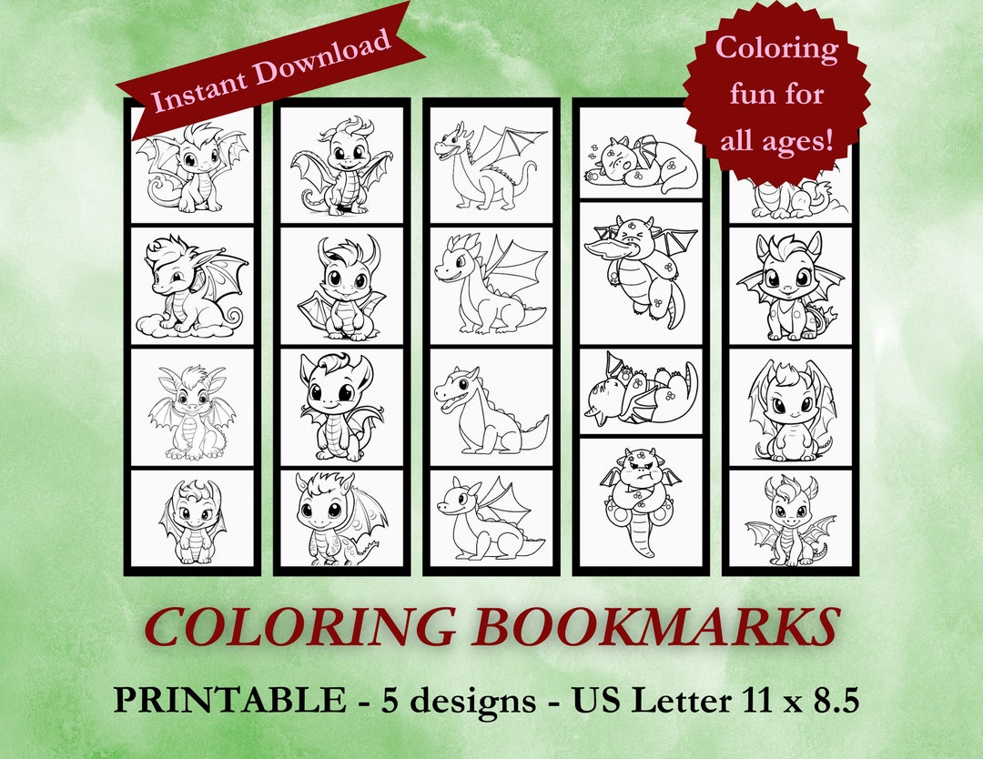Dragon Bookmark Set - Printable Coloring Bookmarks, Kids and Adult ...