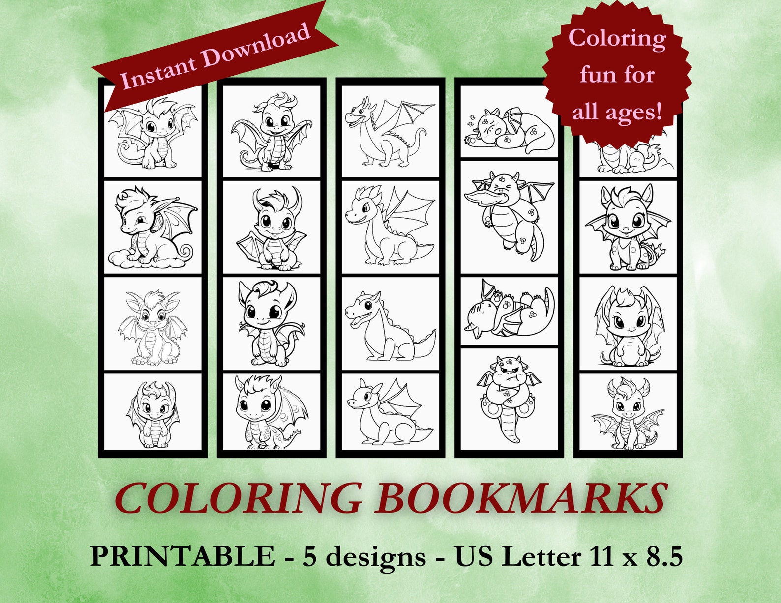 Dragon Bookmark Set - Printable Coloring Bookmarks, Kids and Adult ...