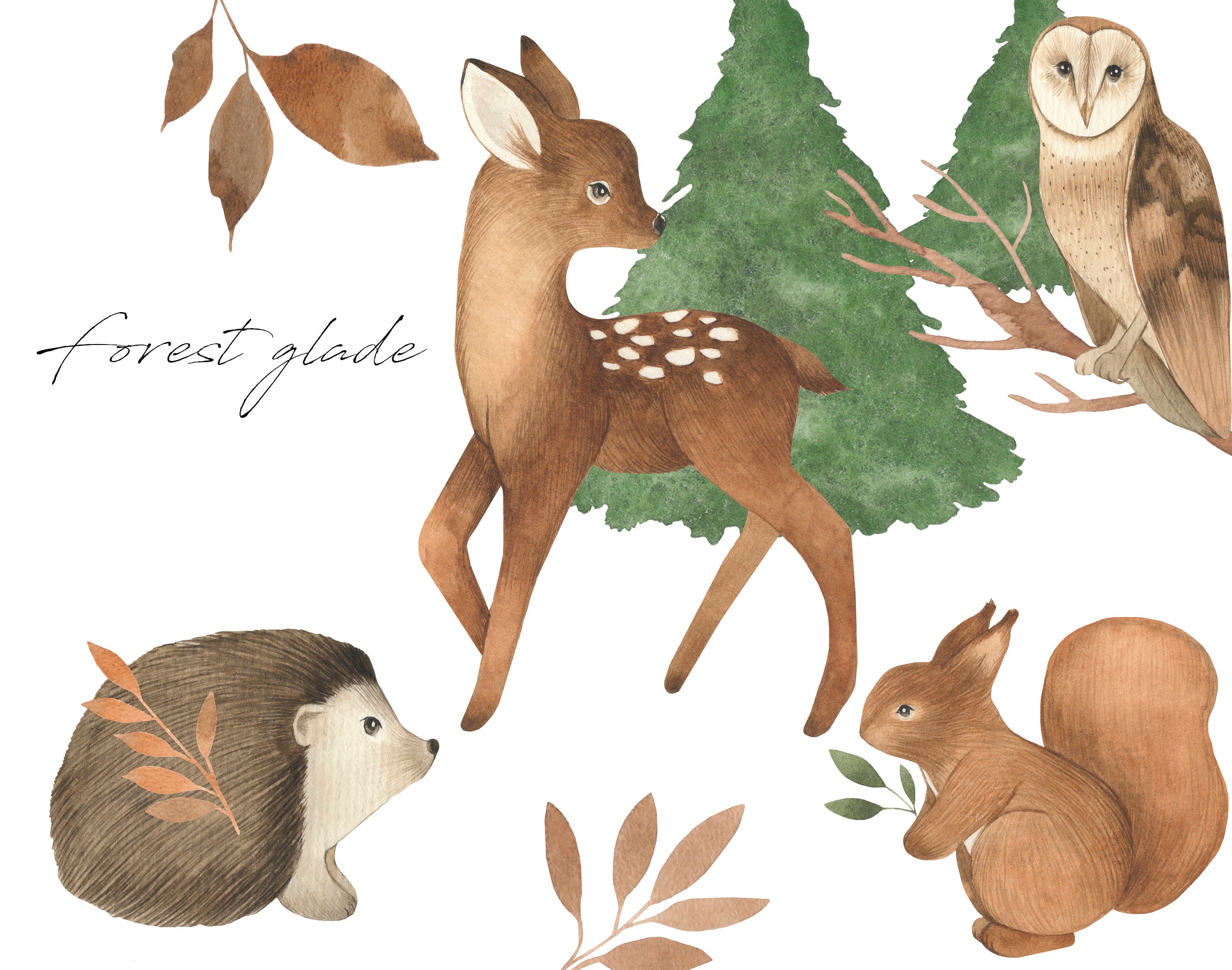 Watercolor Forest Animals Clipart Woodland Little Fox Deer | Etsy