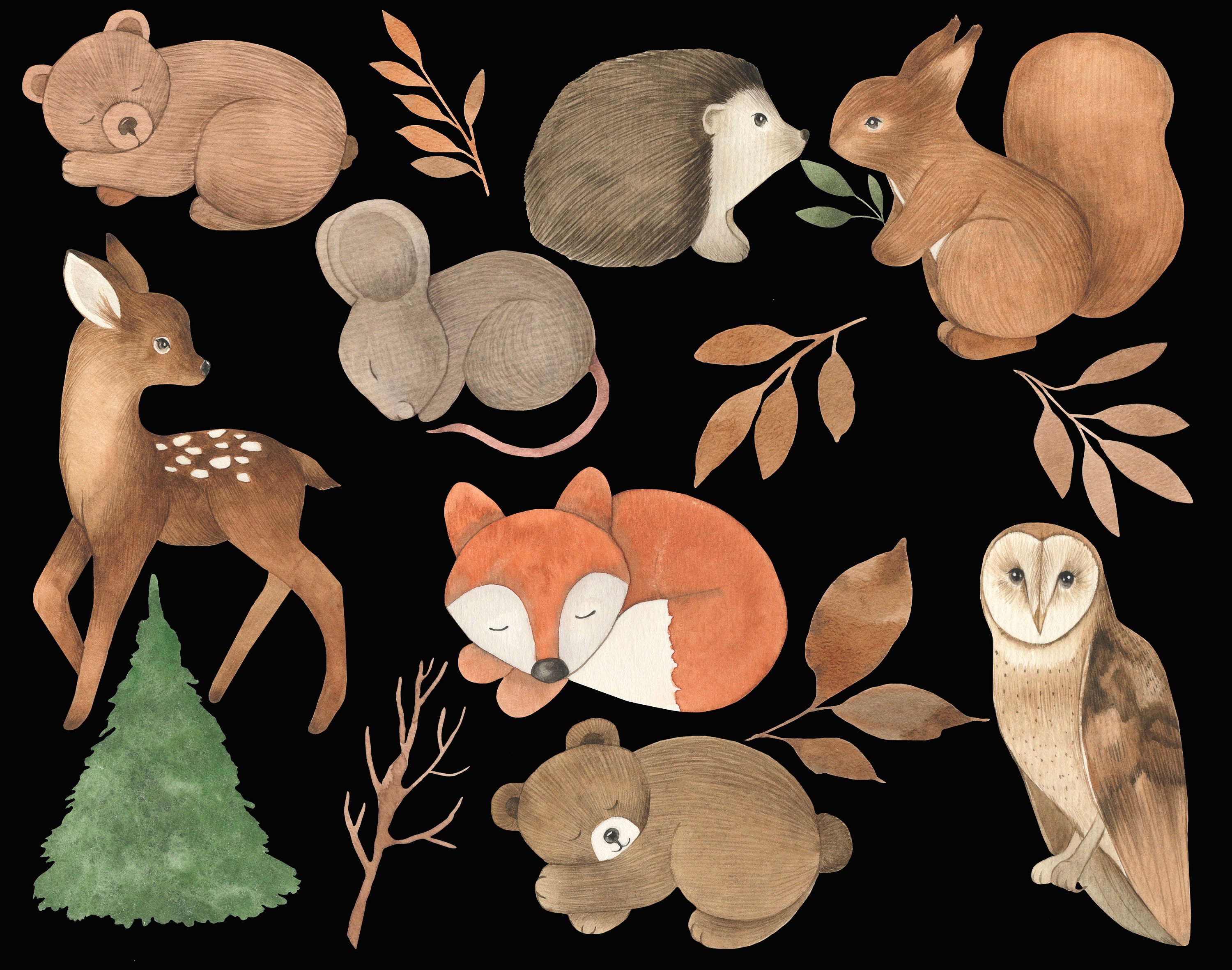 Watercolor Forest Animals Clipart Woodland Little Fox Deer | Etsy