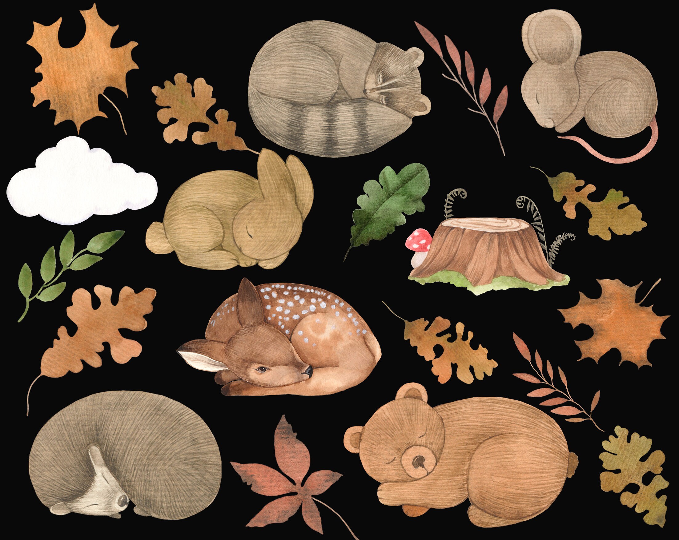 Watercolor sleeping animals Woodland baby Nursery Sleeping | Etsy