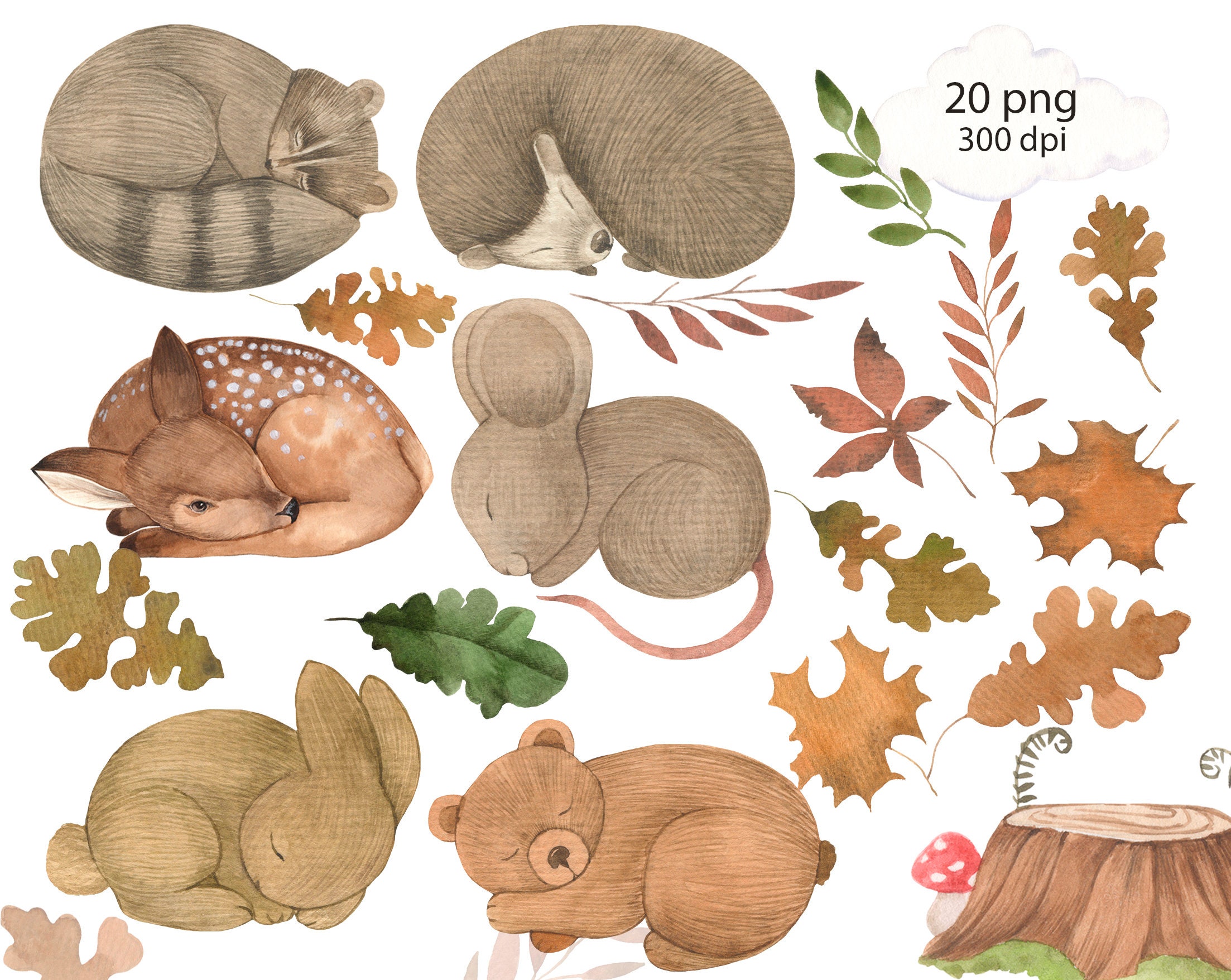 Watercolor sleeping animals Woodland baby Nursery Sleeping | Etsy