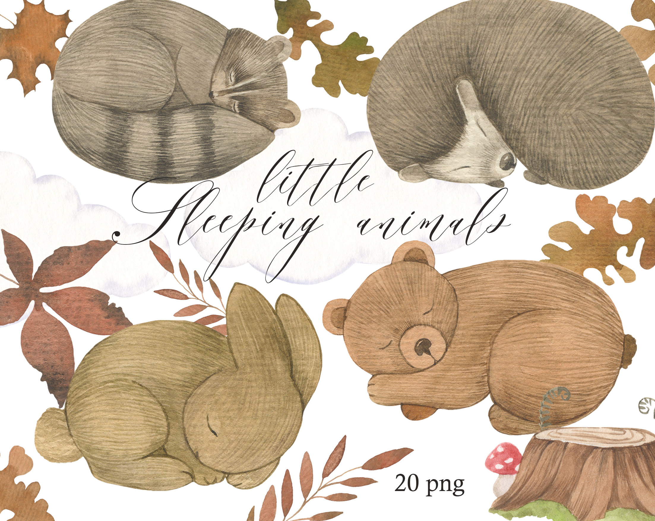 Watercolor sleeping animals Woodland baby Nursery Sleeping | Etsy