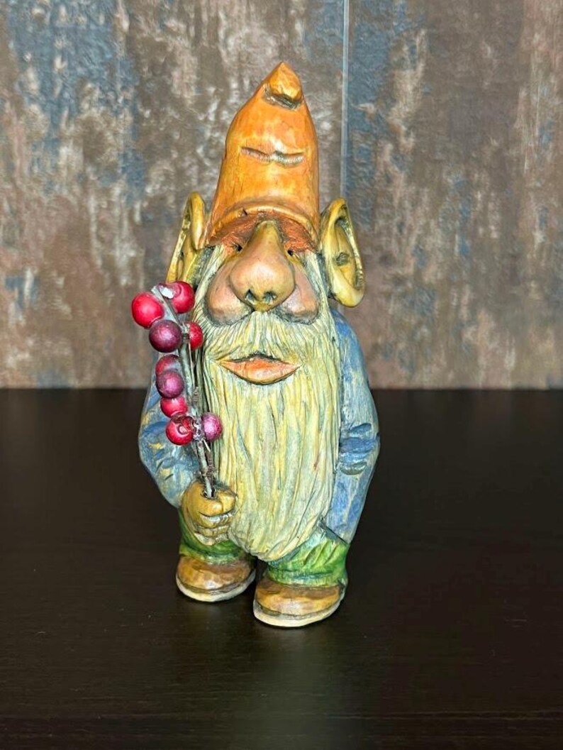 Handcrafted Gnome Figurine With Berry Branch – Whimsical Wooden ...