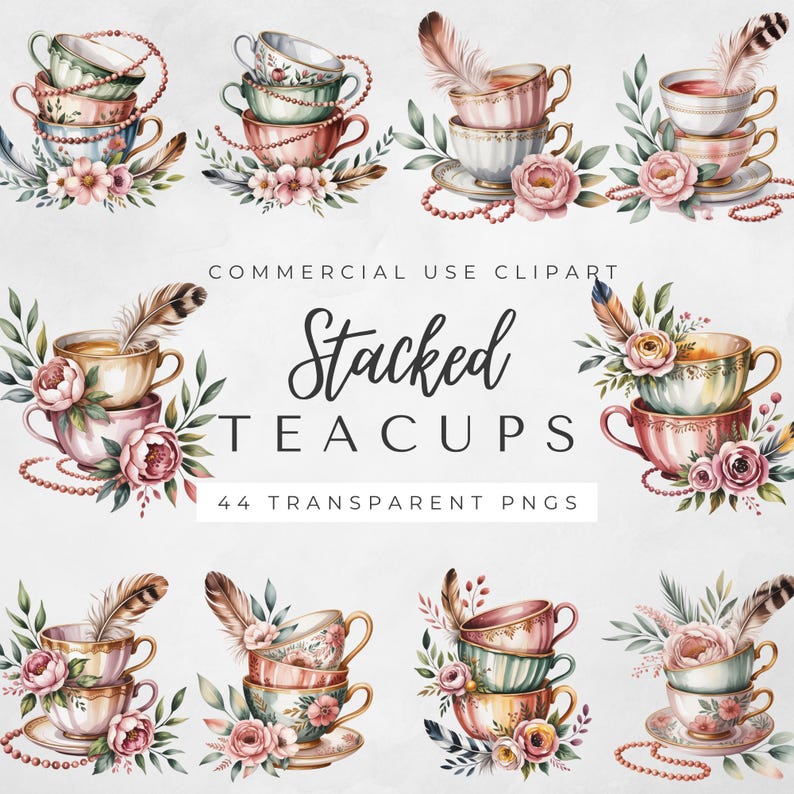 Boho Stacked Teacups Clipart | 44 Pngs | Floral Teacup Graphics With ...