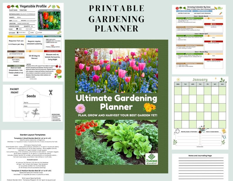 Printable Gardening Planner: Layouts, Calendars, Zone Guides (digital ...