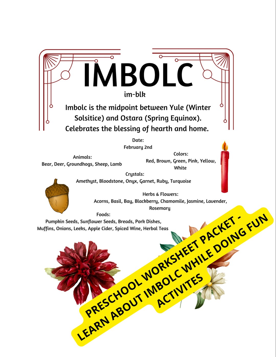 Imbolc Preschool Worksheet Packet Letter Tracing Pagan Holiday Toddler ...