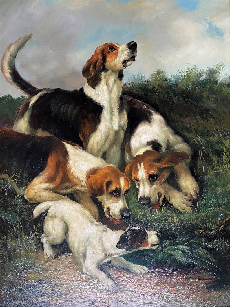 Vintage Hunting Dogs Oil Painting Raes W. Oil on Panel | Etsy