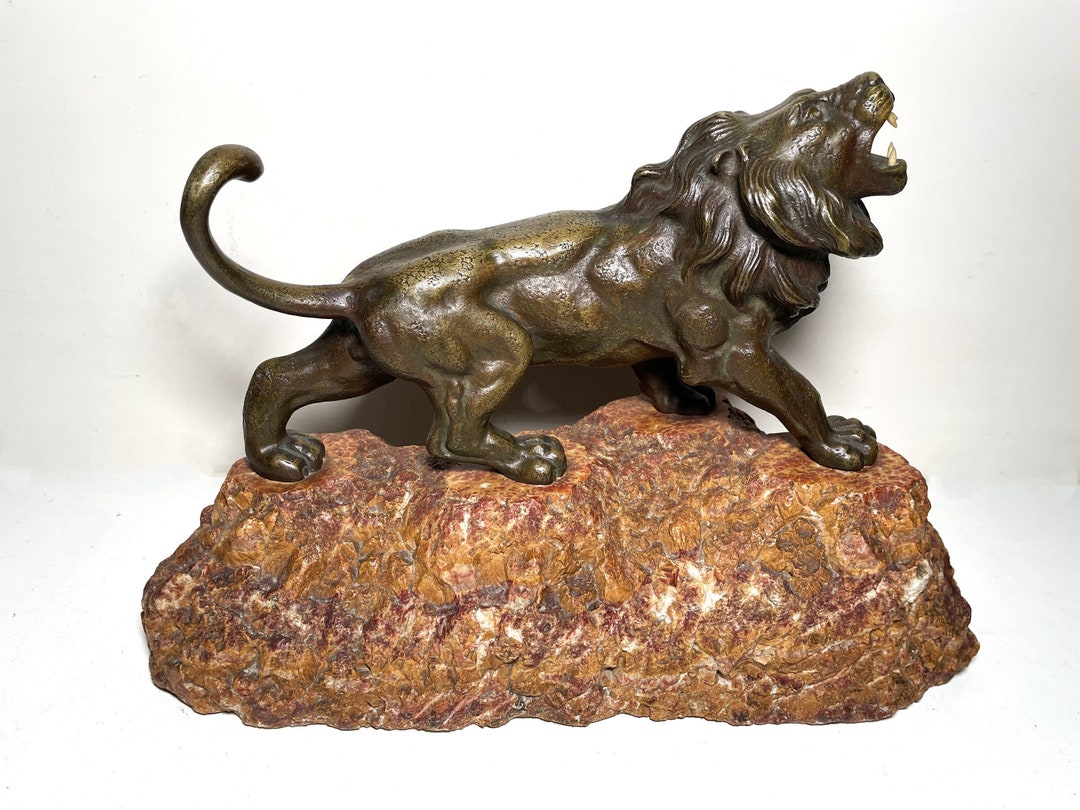 Antique Growling Lion Bronze Statue A. Trefoloni Roaring Lion on Rock ...