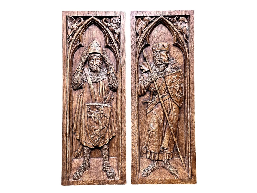 Pair of Knights Carved Wood Panels Vintage King Nobleman Wall Decor Set ...