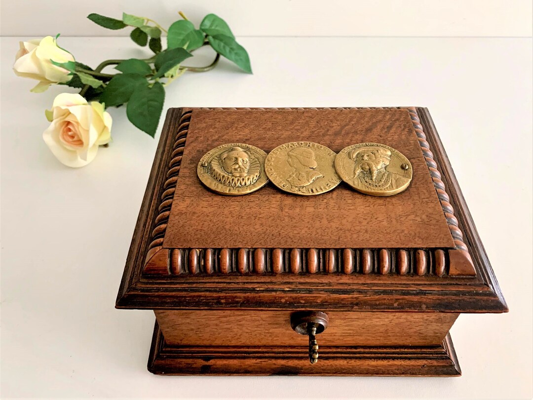 Antique French Hand Carved Wood Coin Box - Rare Figural Brass Plaque ...