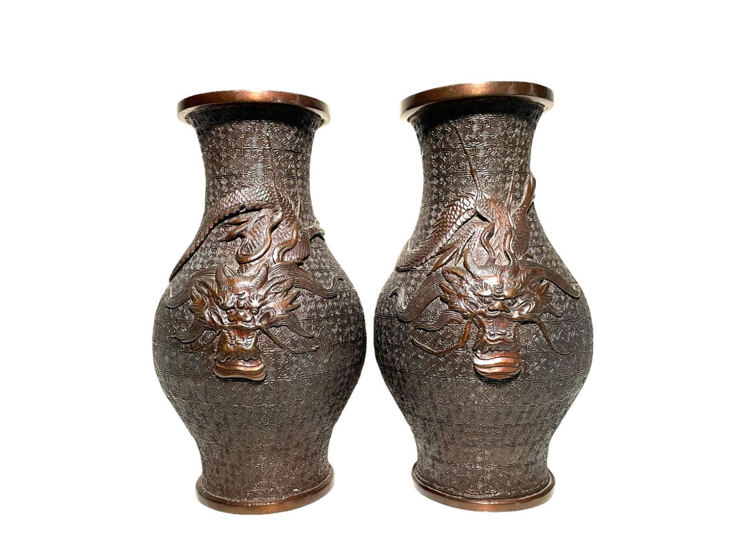 Pair of Dragon Bronze Vases - Antique Japanese Three-clawed Dragon ...