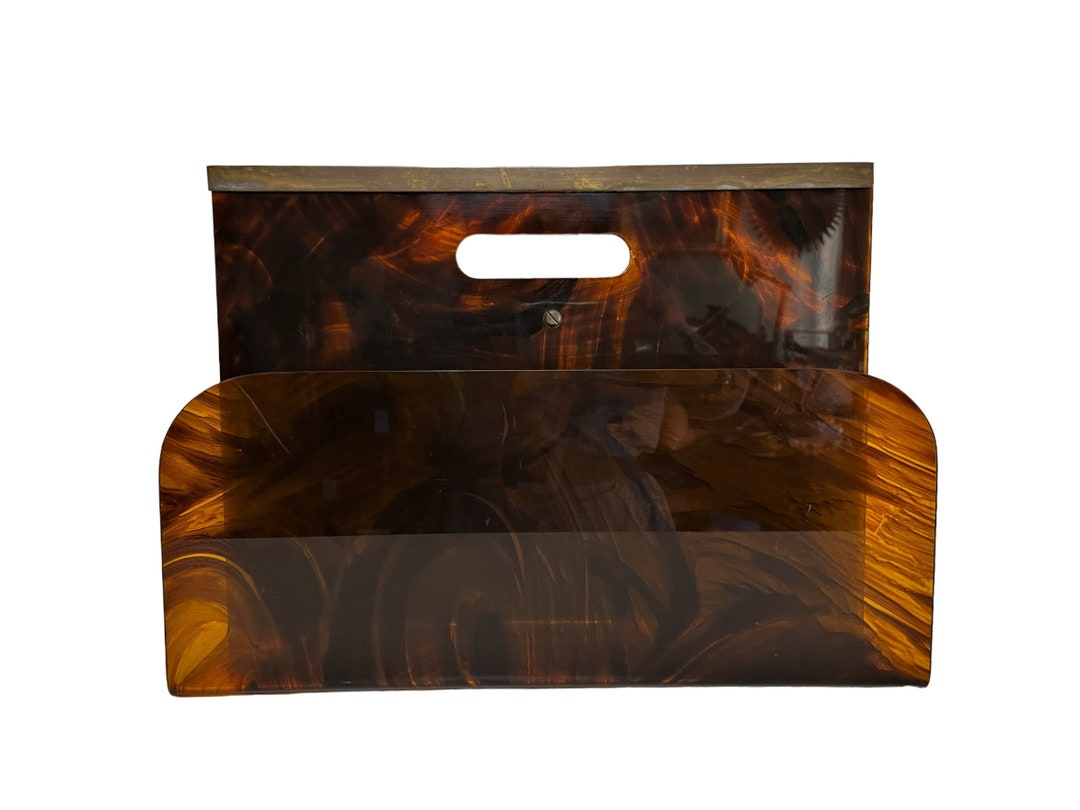 Vintage Lucite and Brass Tortoise Shell Style Magazine Rack Italian ...