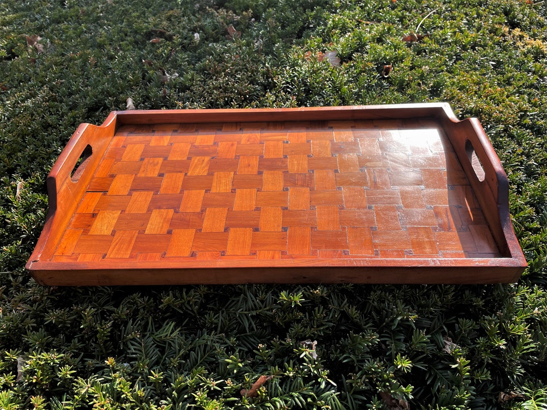 Vintage Basket Weave Wood Veneer Serving Tray - Decorative Parquetry ...