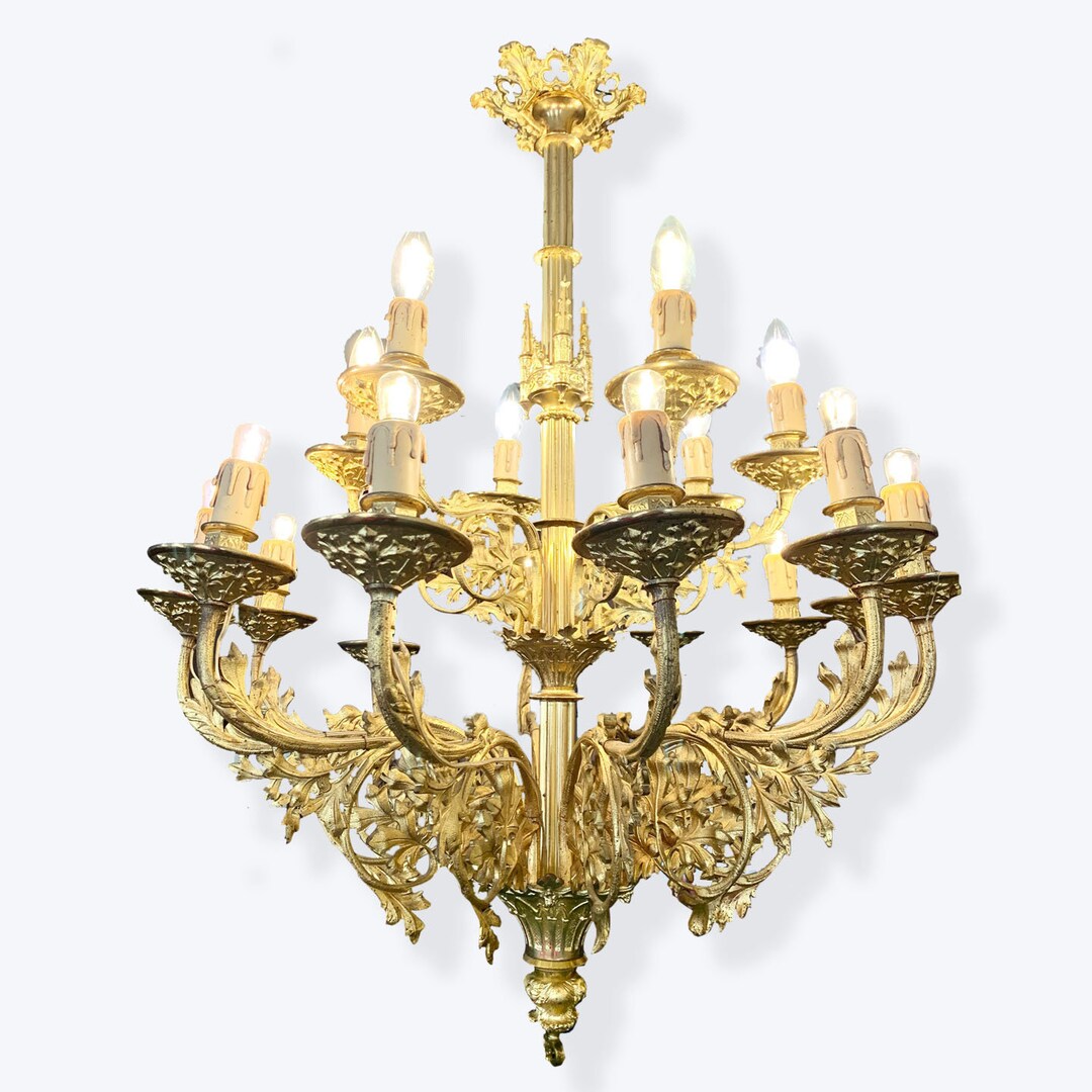 Large Neo Gothic Gilt Bronze Church Chandelier - French Gothic Revival ...