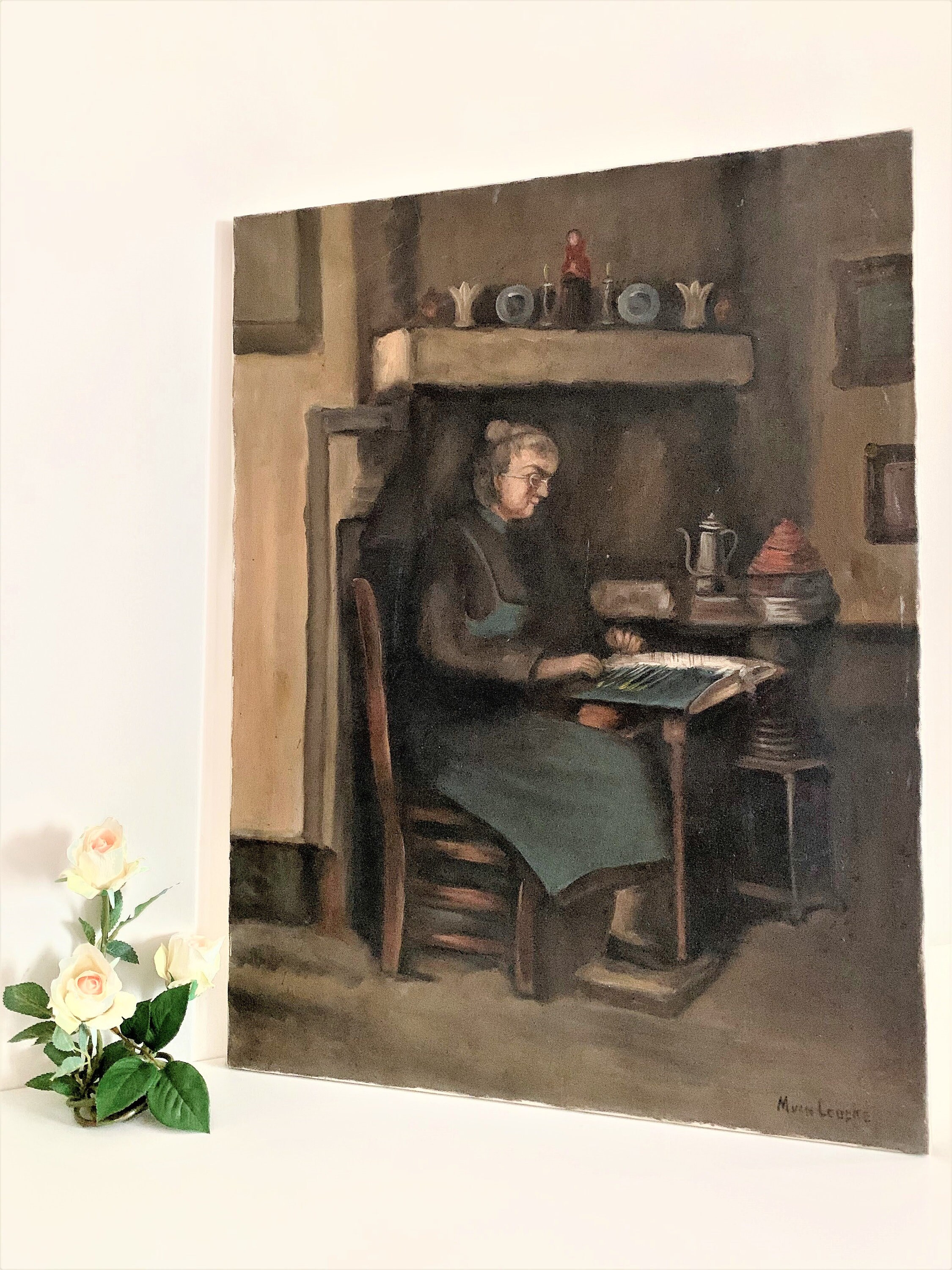 Vintage Lacemaker Oil Painting Large Belgian Interior Scene | Etsy