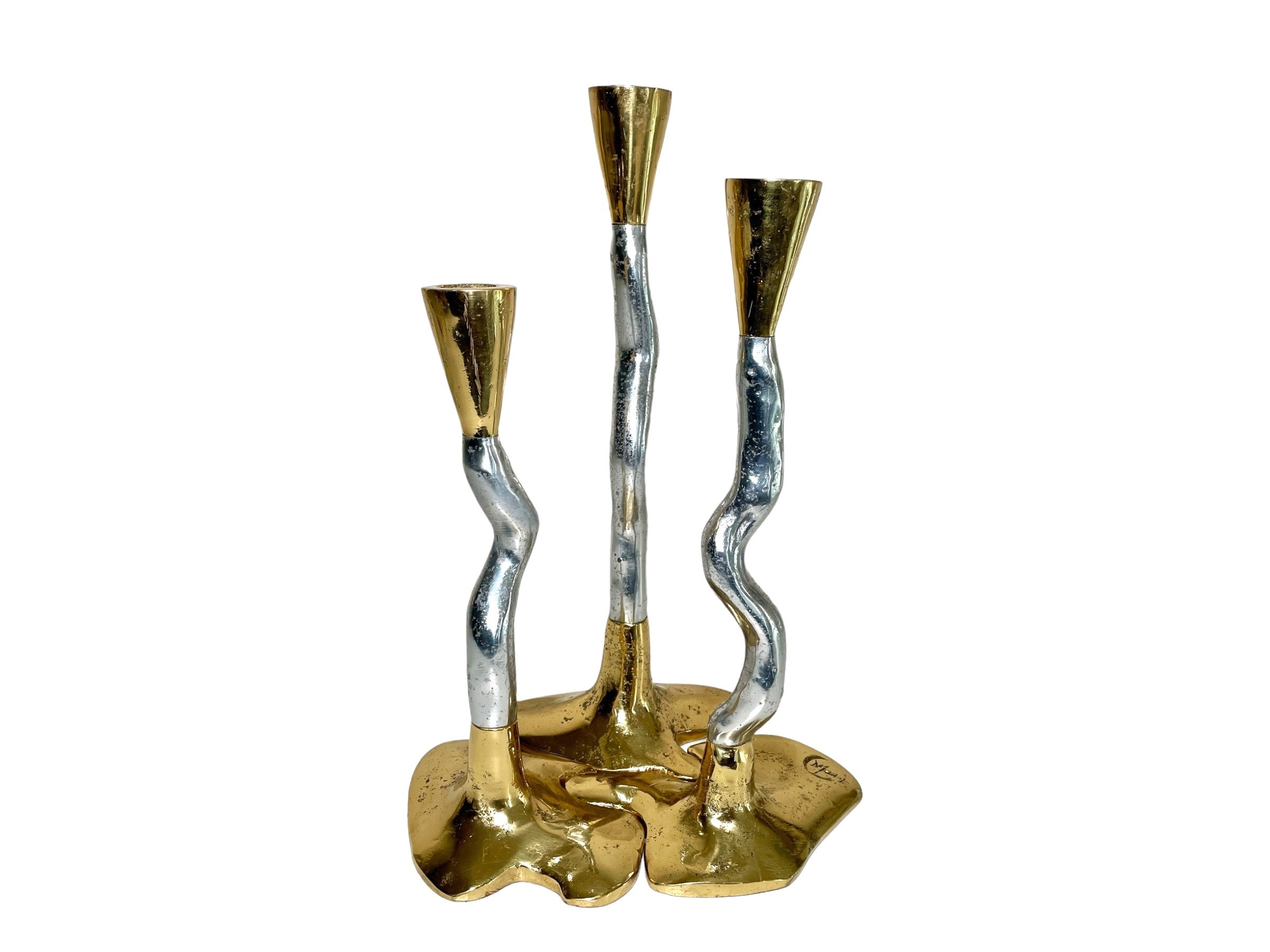 David Marshall Brutalist Puzzle Candlesticks Vintage Spanish Brass Aluminum Candle Holder Set of 3 Modernist Gold Silver Color Display Etsy UK