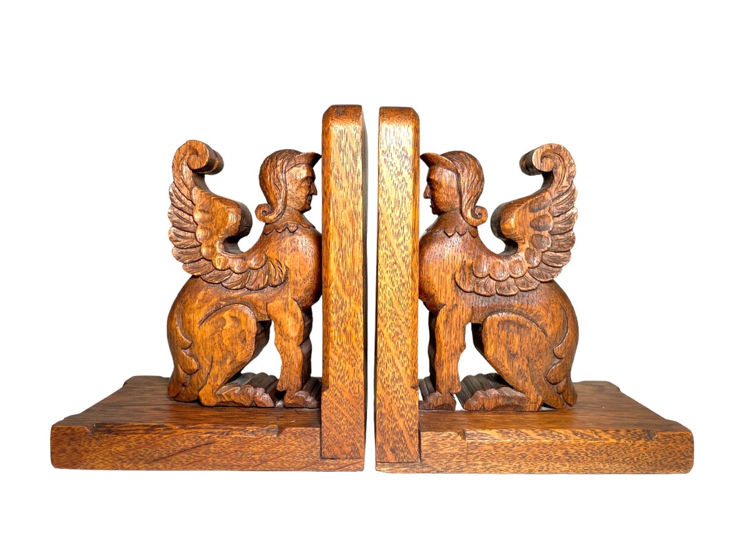 Vintage Sphinx Bookends - Belgian Folk Art Sun God Oak Wood Sculpture ...