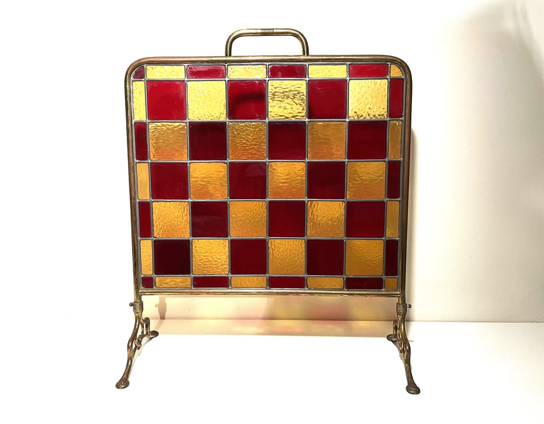 Art Deco Fireplace Screen Belgian Gilt Copper and Leaded Glass Fire ...