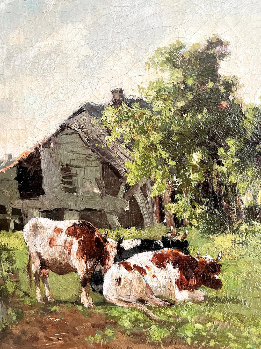 Resting Cows on Meadow Oil Painting - Frans Van Damme Oil on Canvas- Antique Belgian Landscape ...