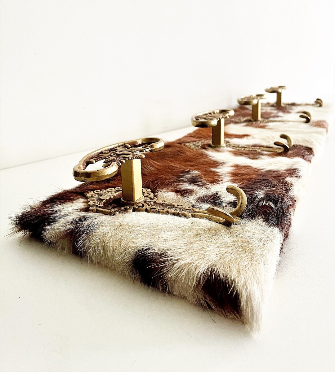 32" Vintage Cowhide Solid Brass Coat Rack - Belgian Cow Skin Hat ...