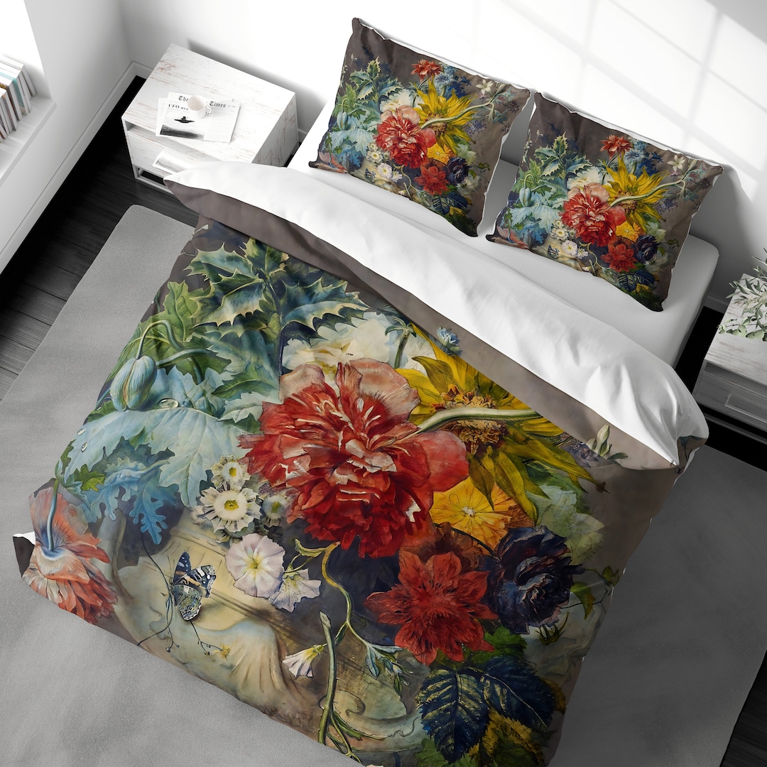 Painterly Dark Flower Duvet Cover Cottagecore Farmhouse Luxury Bedding ...