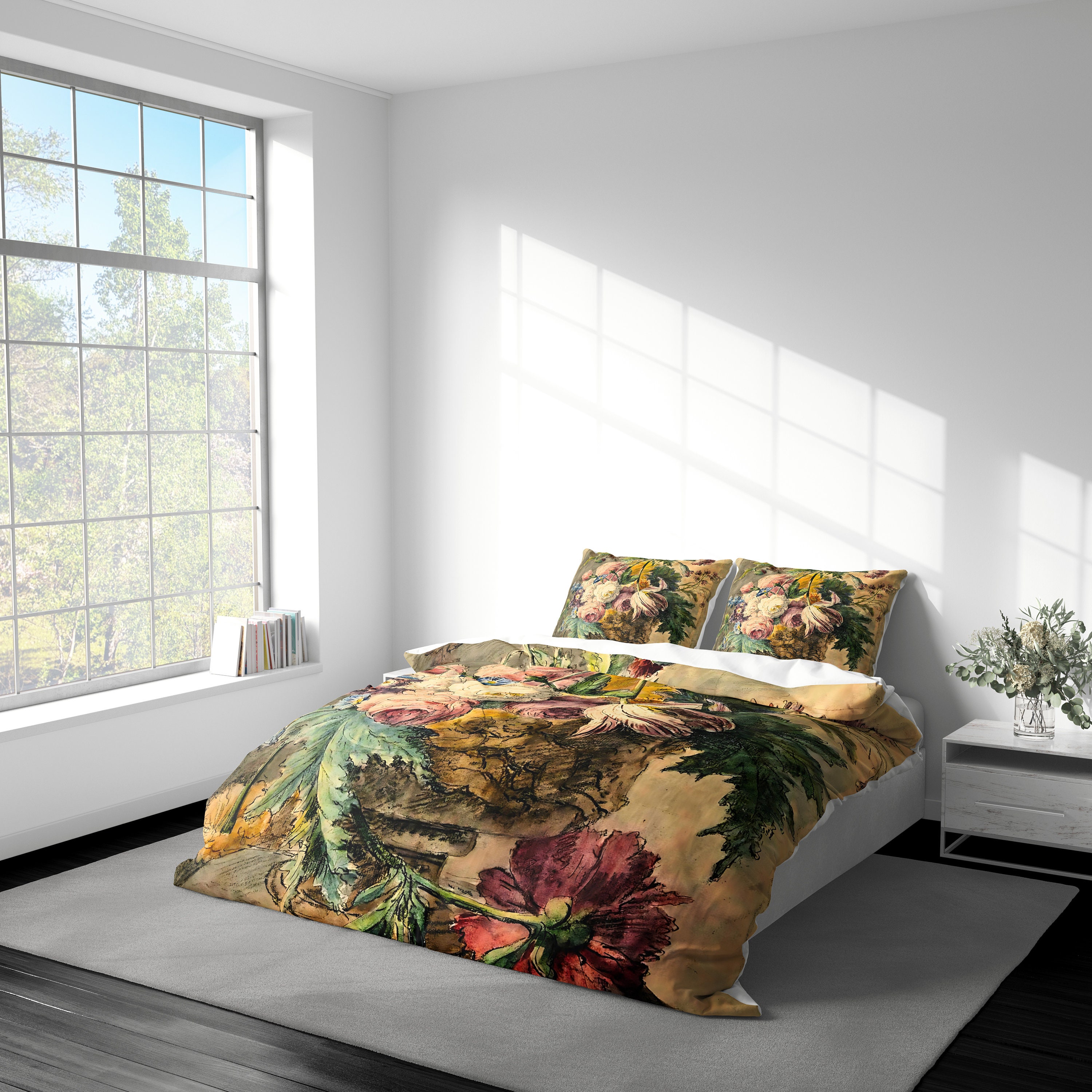 Painterly Dark Flower Duvet Cover Cottagecore Farmhouse Luxury Bedding ...