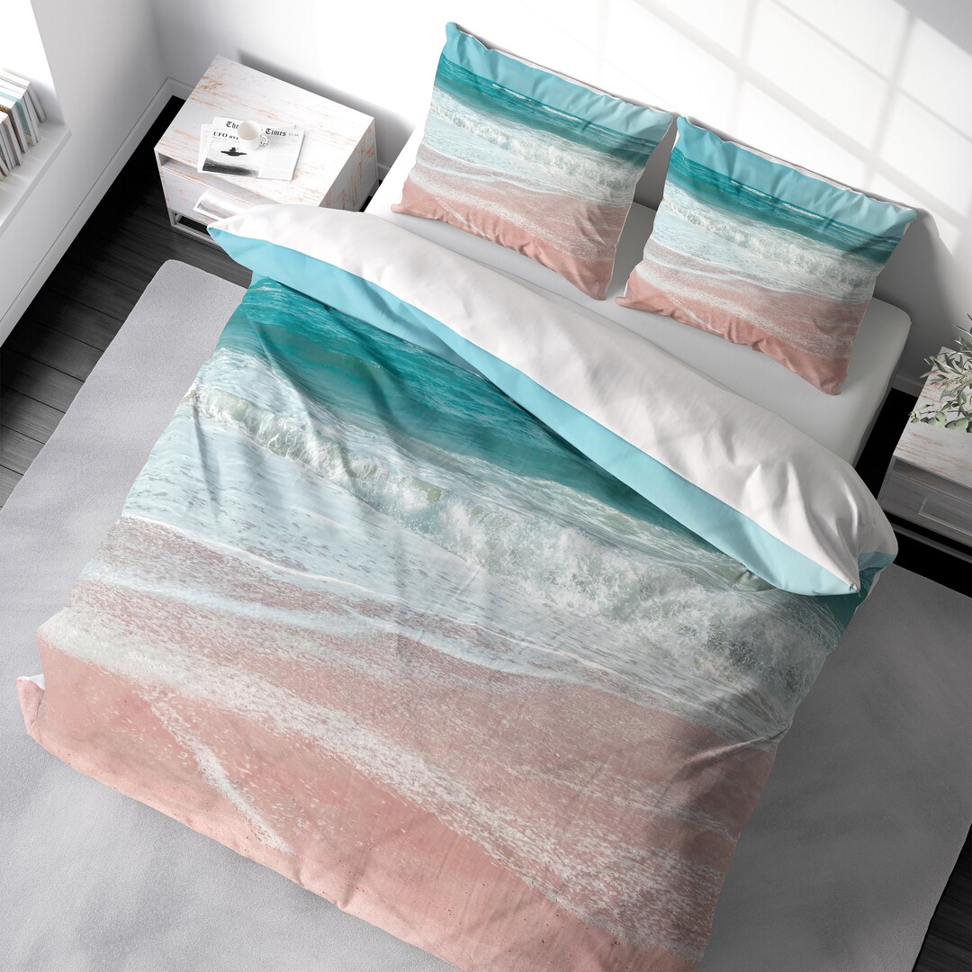 Pink Beach Duvet Cover Set Pastel Beach Sea Foam Bedding Summer ...