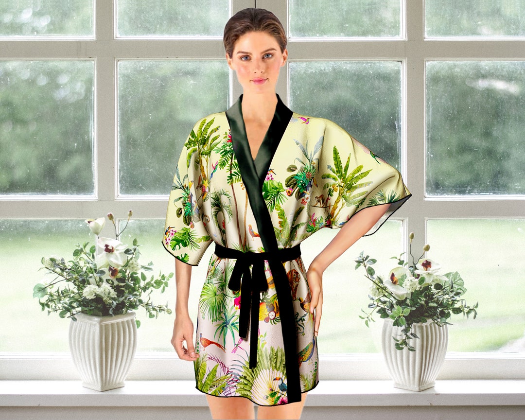 Tropical Jungle Kimono Robe 100% Real Silk Wedding Gift for Bride, Palm ...
