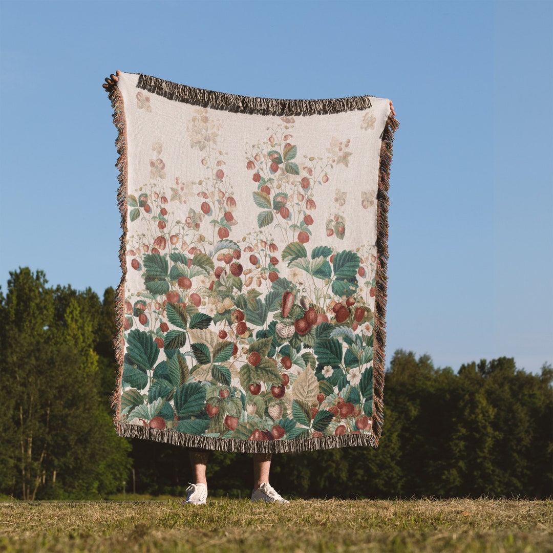 Botanical Blanket Cottagecore Strawberry Field Woven Blanket Boho ...