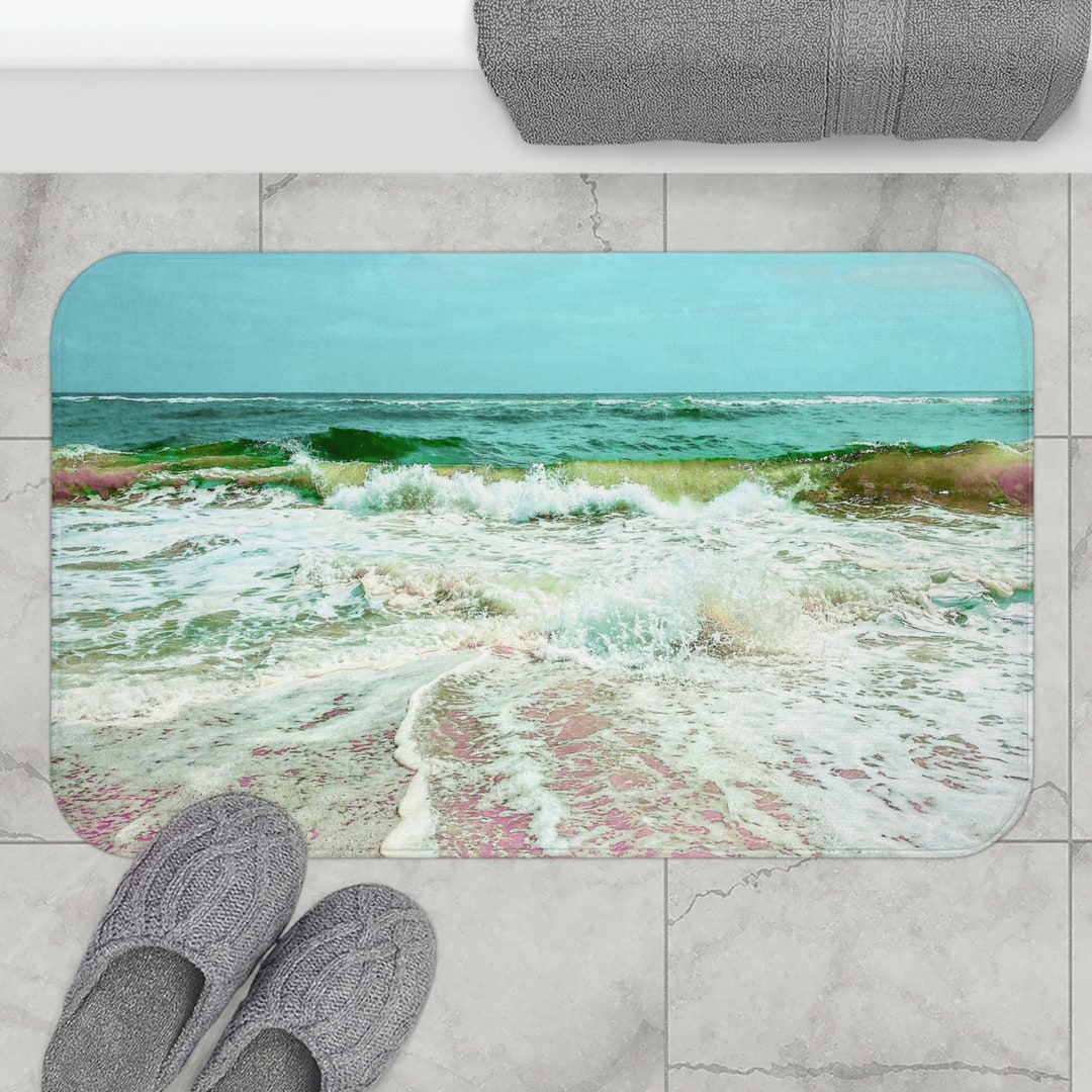Pink Beach Bath Mat Ocean Non-slip Memory Foam Coastal Bath Mat for ...