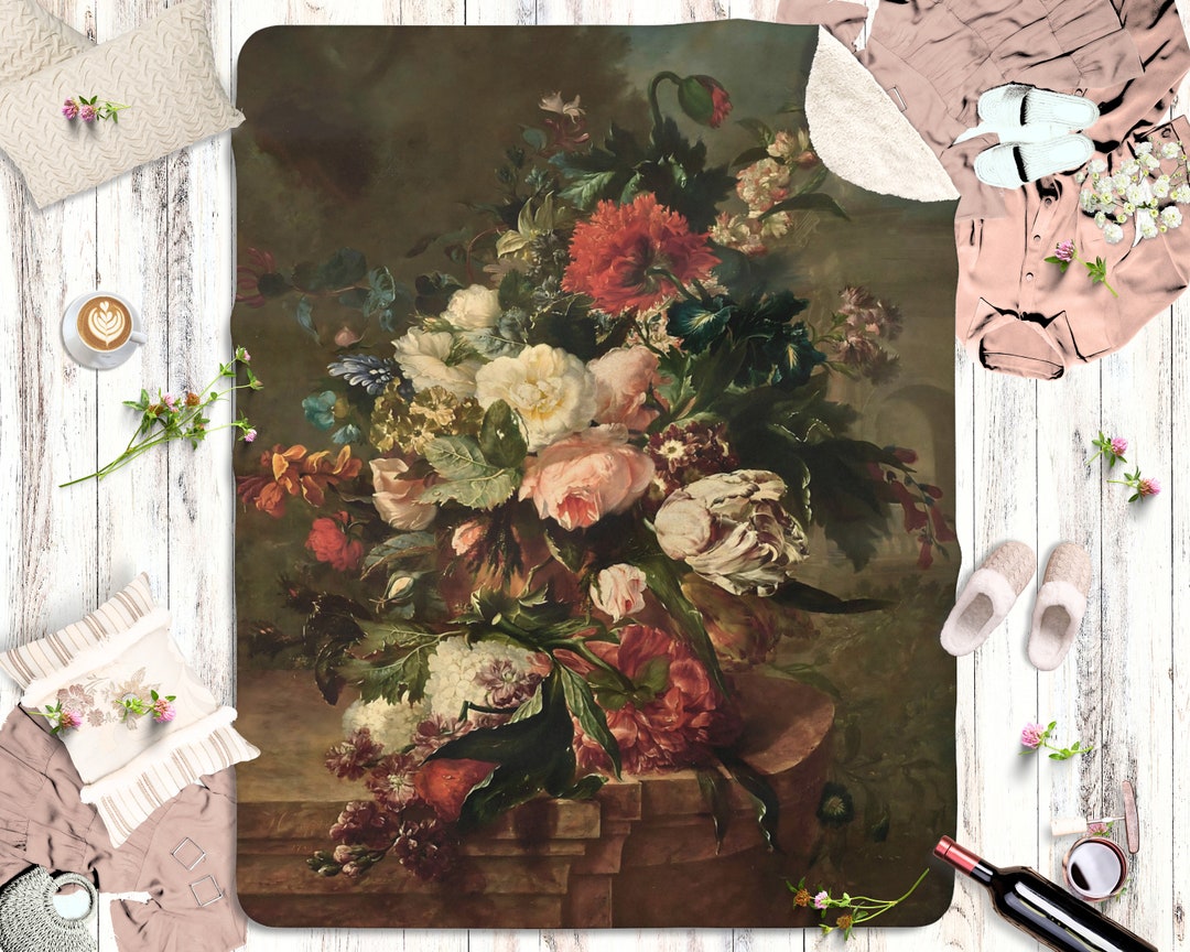 Cottagecore Blanket Painterly Dark Flower Blanket Retro Farmhouse ...