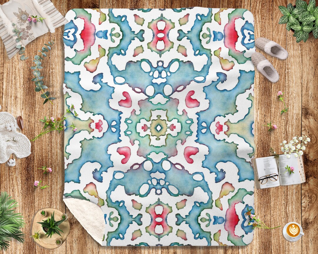 Retro Spanish Blanket Symmetrical Abstract Mirrored Watercolor Sherpa ...