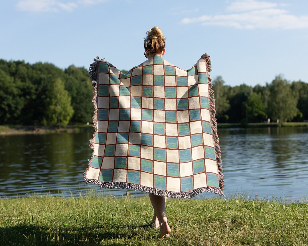 Checkered Woven Blanket Retro Farmhouse 100% Cotton Fringes Blanket ...