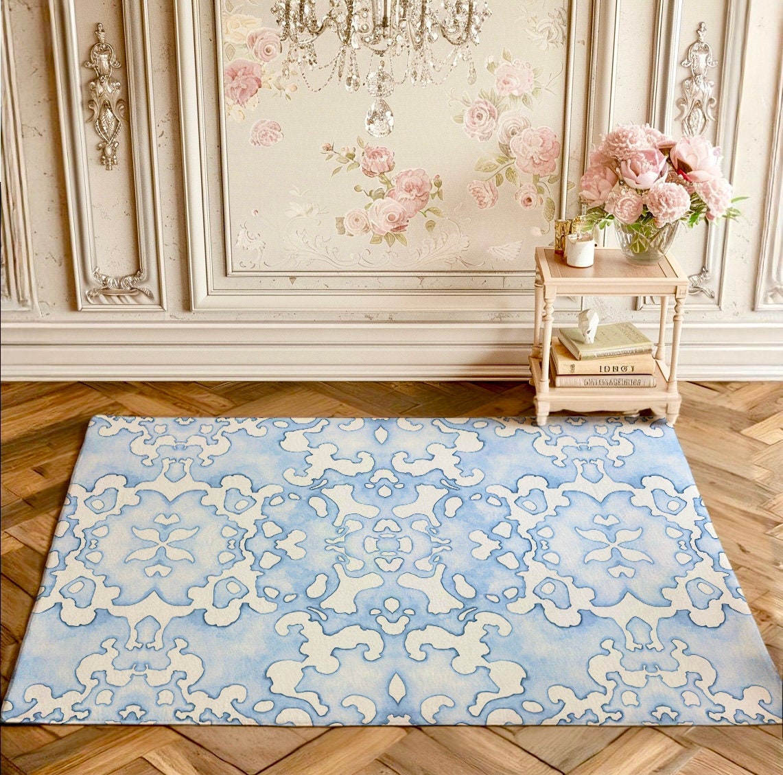Light Soft Blue White Rug Elegant Classic French Luxurious Coastal ...