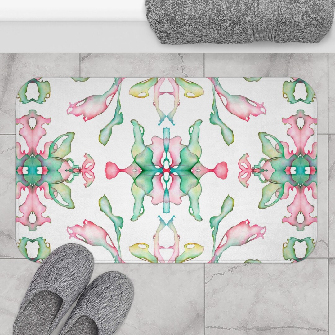 Abstract Tropical Bath Mat Symmetrical Green Pink Mirrored Watercolor ...