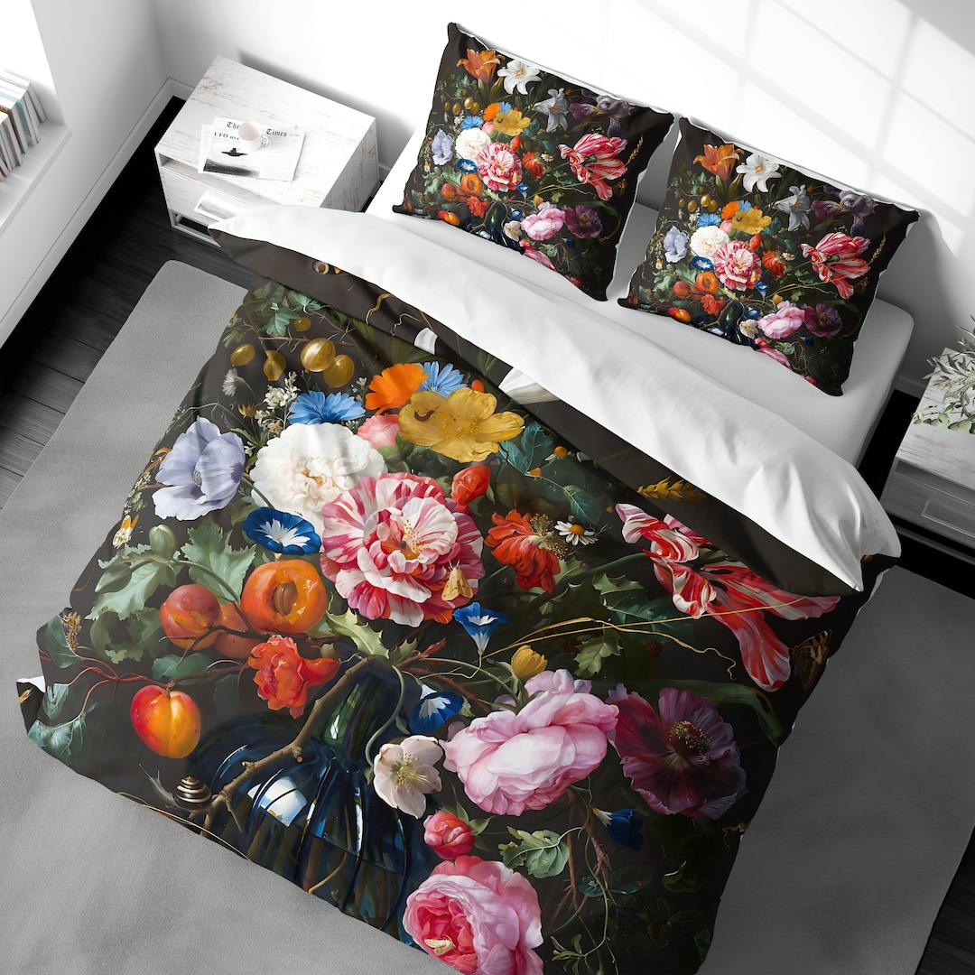 Painterly Dark Flower Duvet Cover Cottagecore Farmhouse Luxury Bedding ...