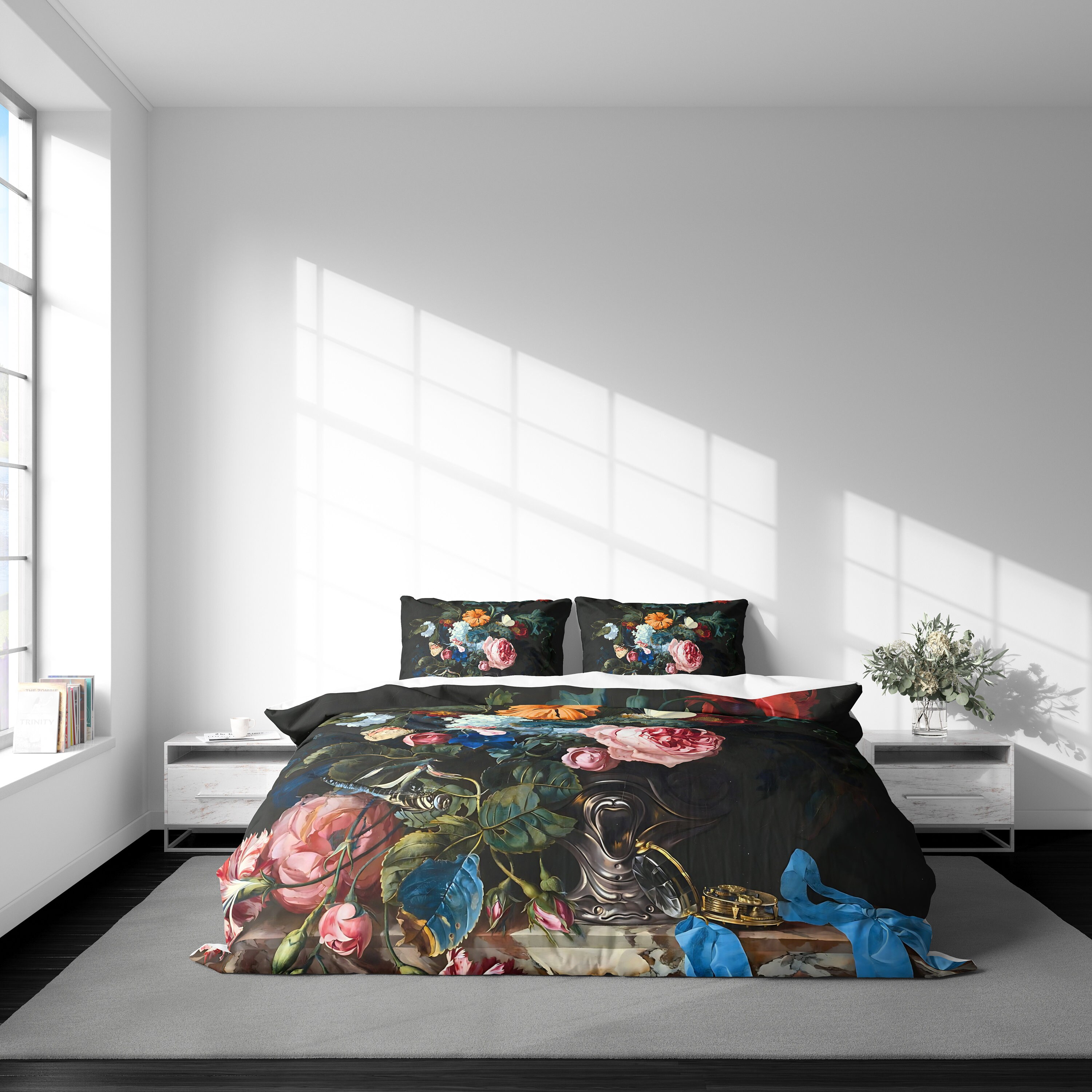Painterly Dark Flower Duvet Cover Cottagecore Farmhouse Luxury Bedding ...