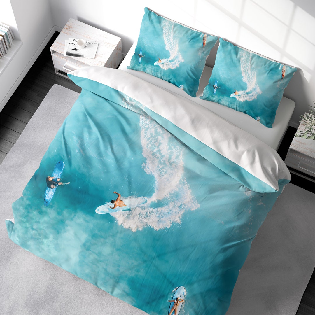 Surf Beach Duvet Cover Hawaii Beach Luxury Bedding Set. Aqua Blue ...
