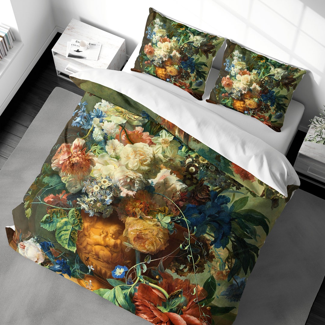 Painterly Dark Flower Duvet Cover Cottagecore Farmhouse Luxury Bedding ...