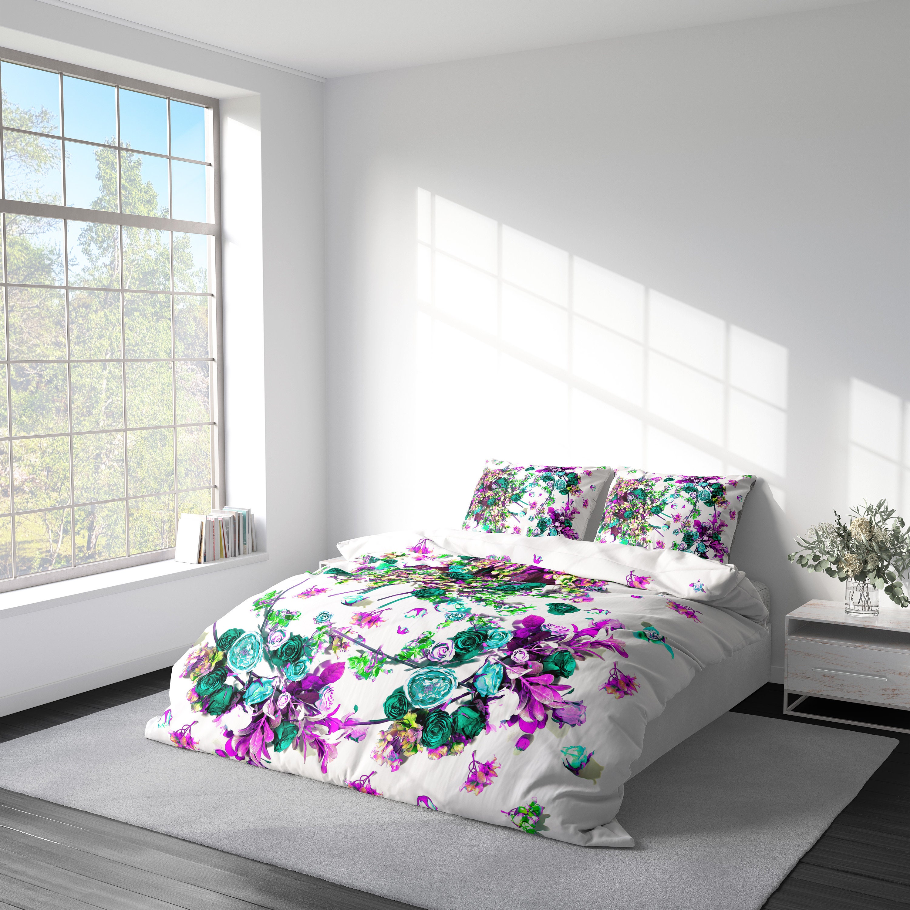 Green Floral Duvet Cover Set Bold Flowers Bedding Luxury Duvet Cover ...