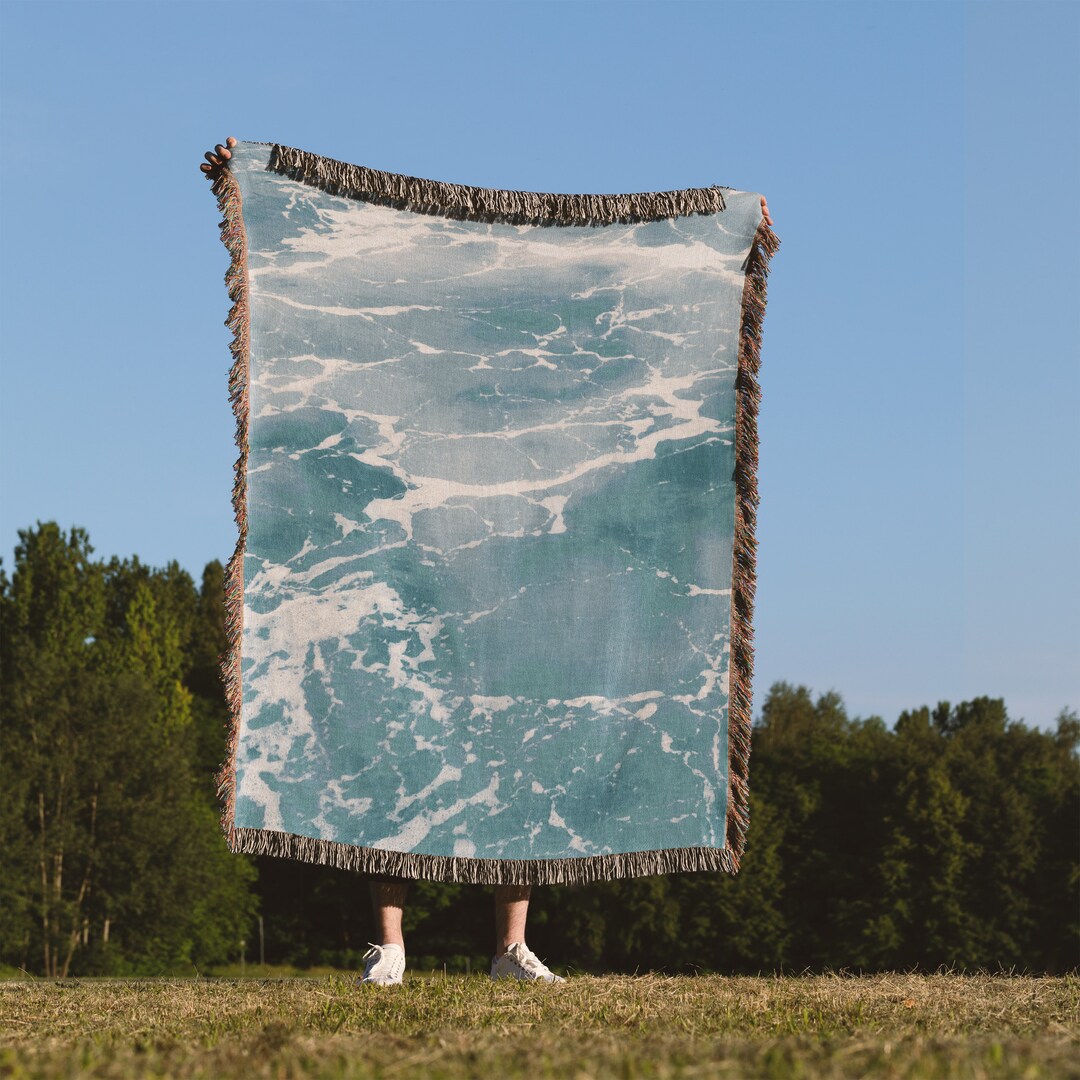 Coastal Woven Blanket Beach Water Texture 100% Cotton With Fringe ...