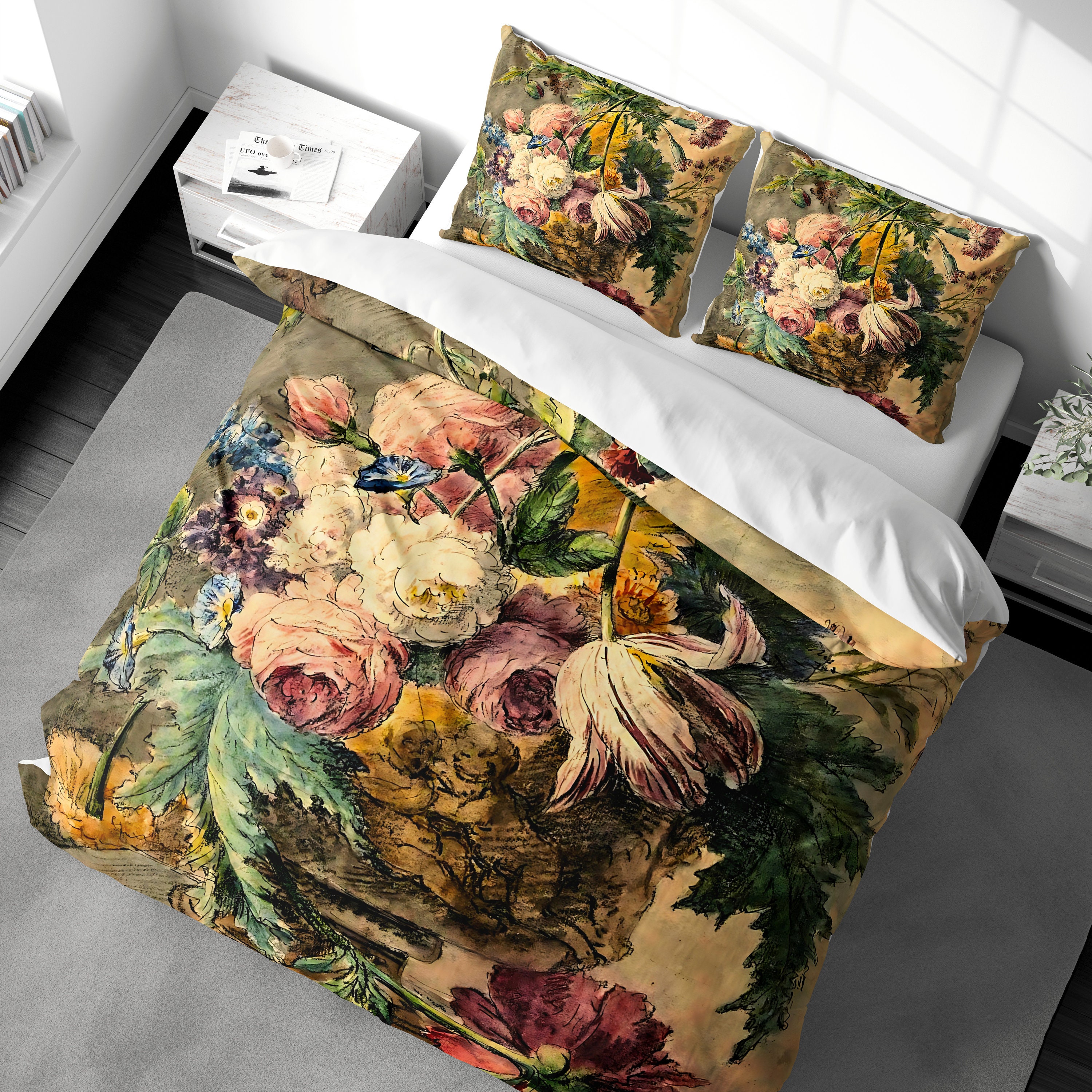 Painterly Dark Flower Duvet Cover Cottagecore Farmhouse Luxury Bedding ...