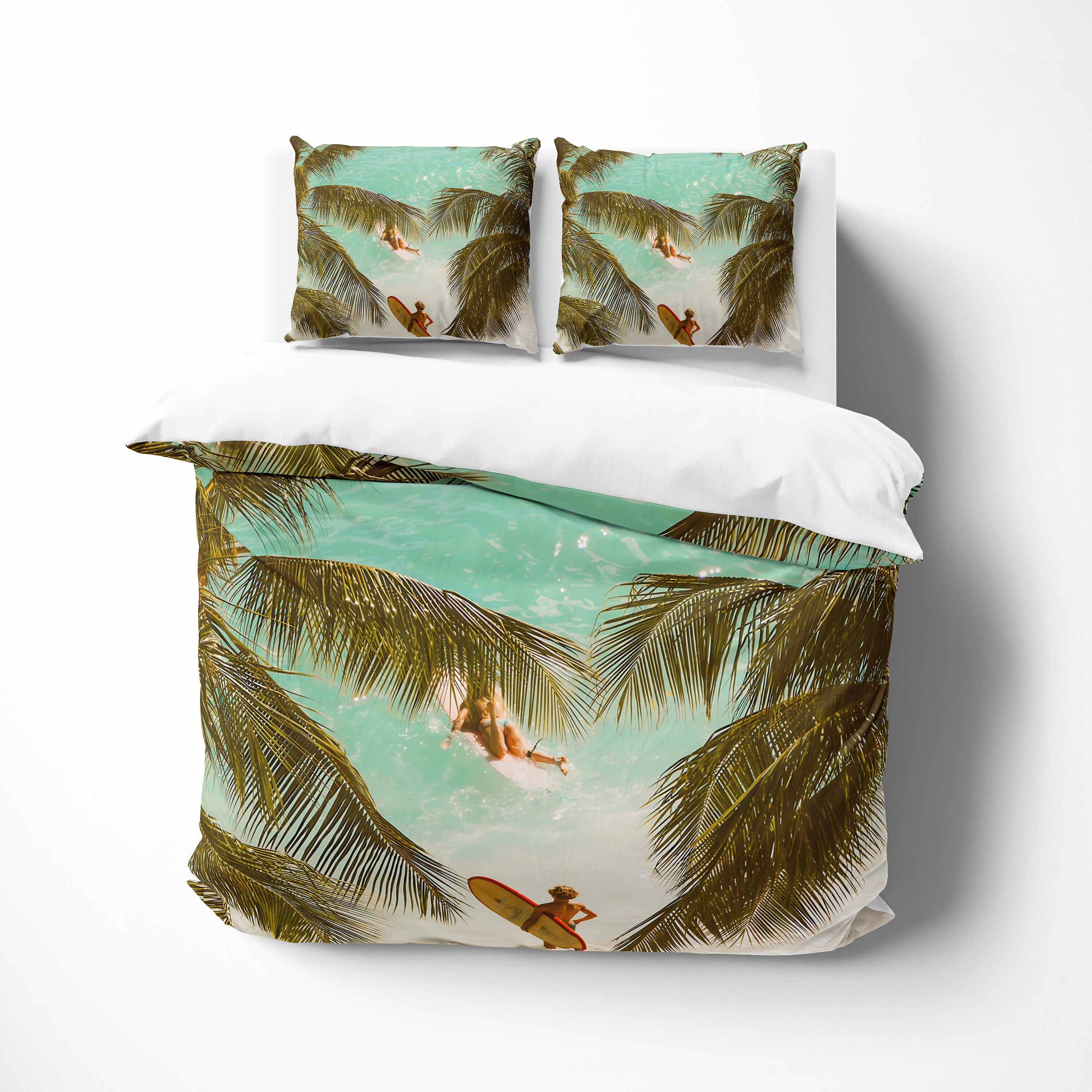 Tropical Beach Duvet Cover Surfers Palm Tree Bedding Set. Tropical ...