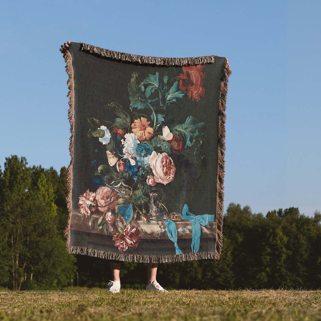 Cottagecore Woven Blanket Painterly Dark Flower Throw Blanket Farmhouse ...