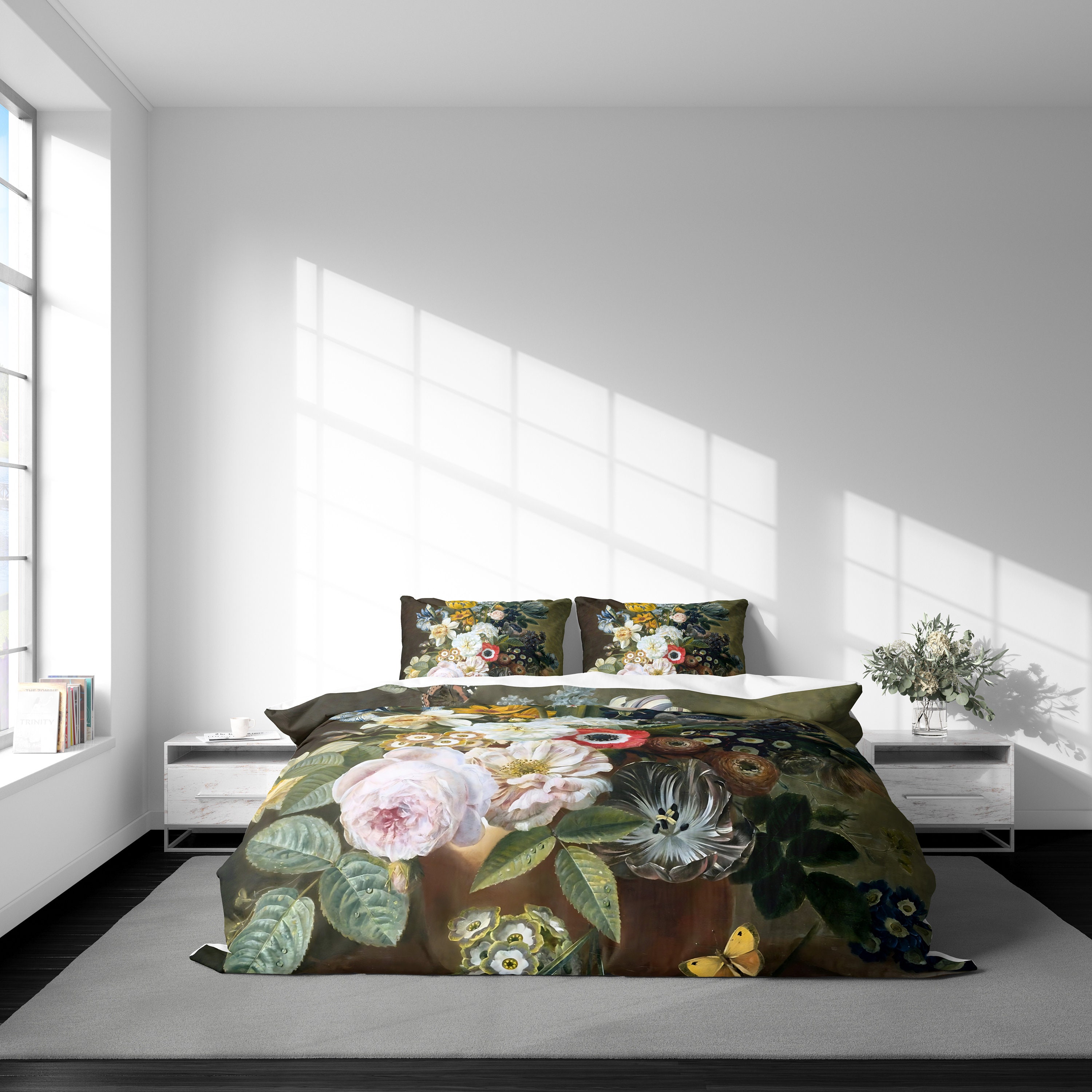 Painterly Dark Flower Duvet Cover Cottagecore Farmhouse Luxury Bedding ...