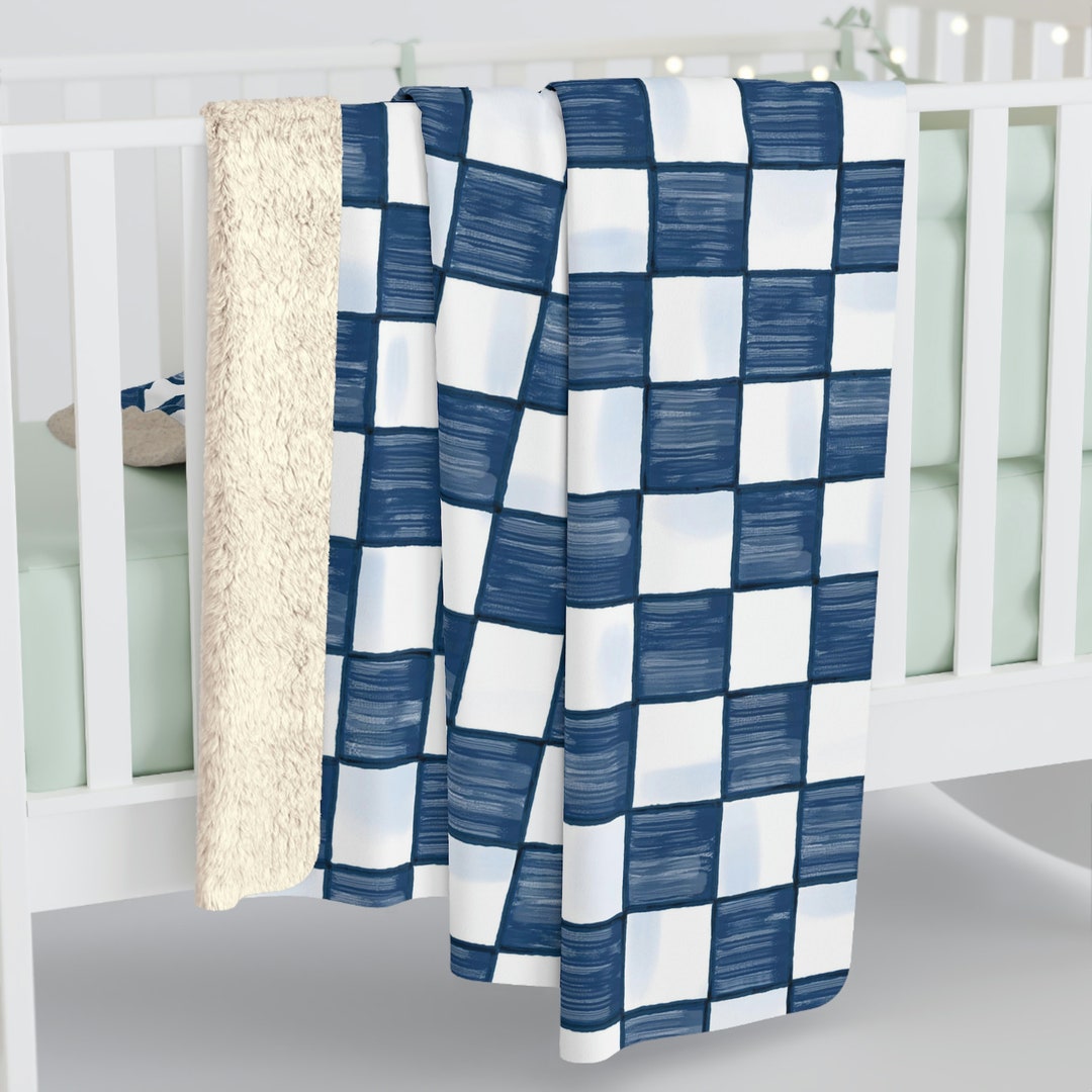 Checkered Blanket Farmhouse Retro Sherpa Fleece Blanket Indigo Navy ...