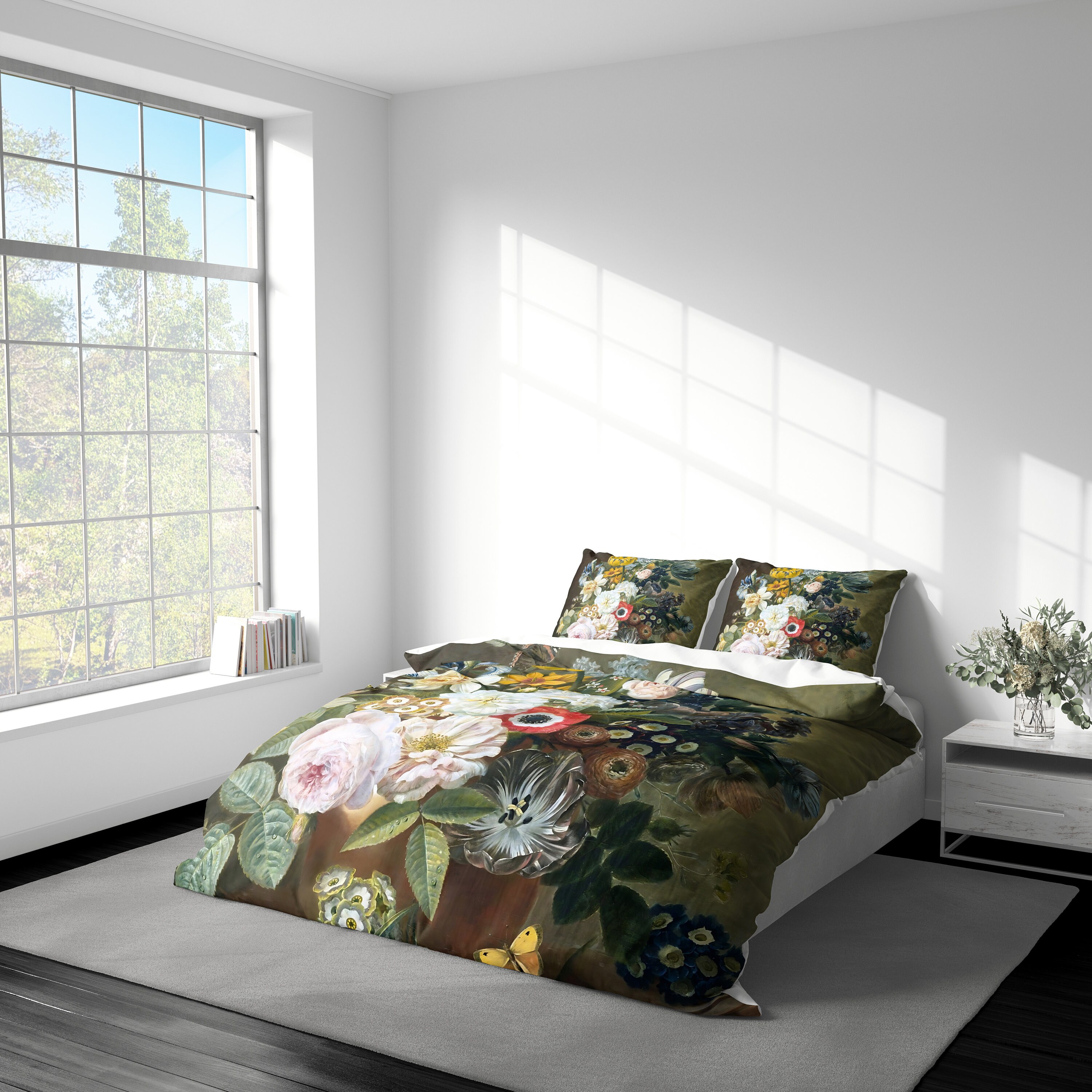 Painterly Dark Flower Duvet Cover Cottagecore Farmhouse Luxury Bedding ...