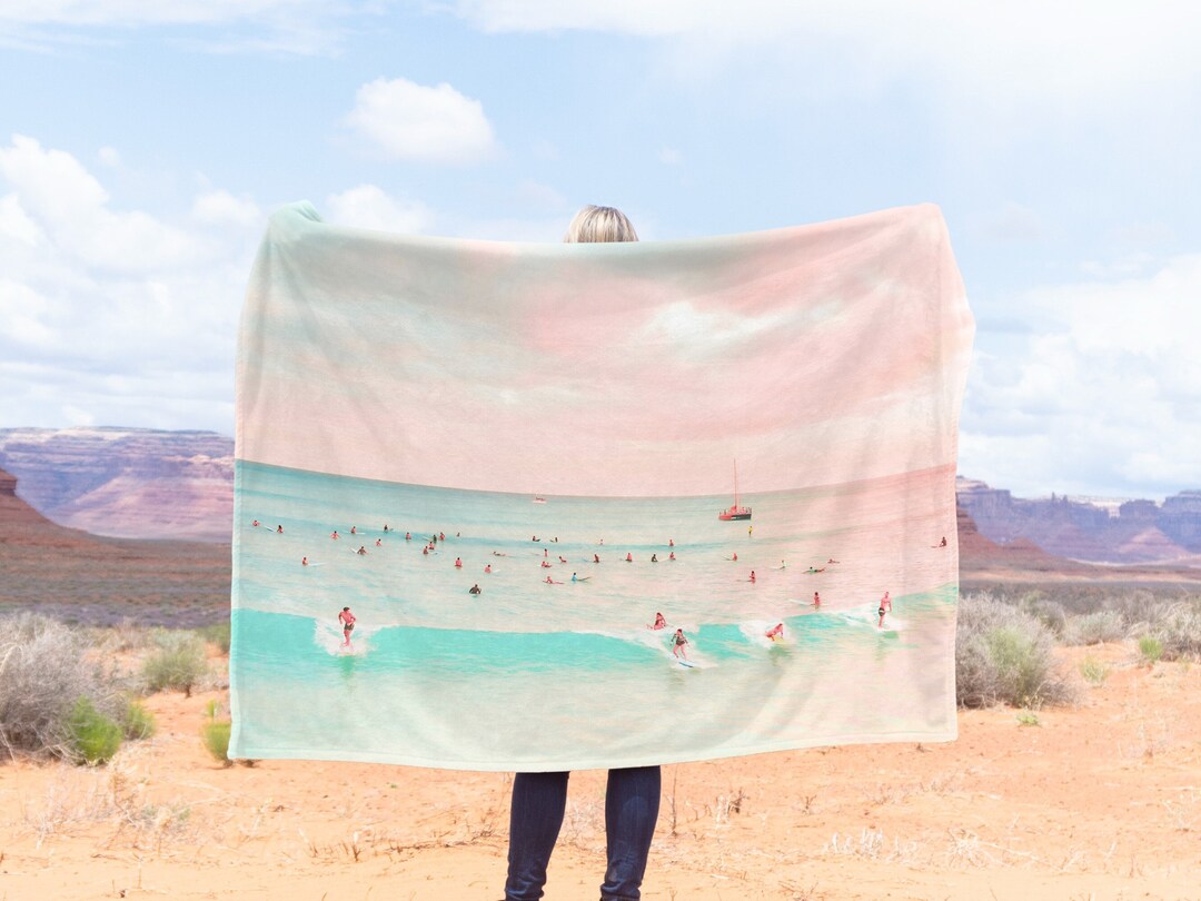 Sunset Beach Blanket Pastel Pink Beach House Decor Surfing Velveteen ...